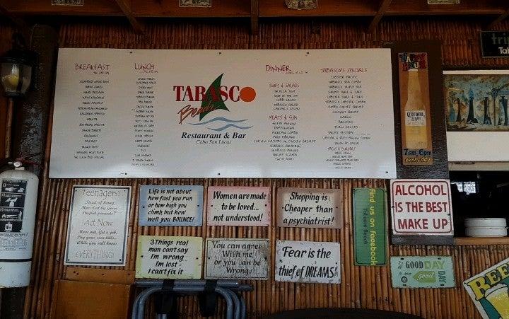 Menu at Tabasco Beach pub & bar, Cabo San Lucas