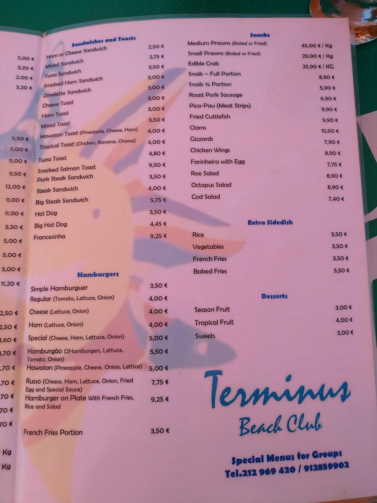 Menu at Terminus Beach Club, Charneca de Caparica