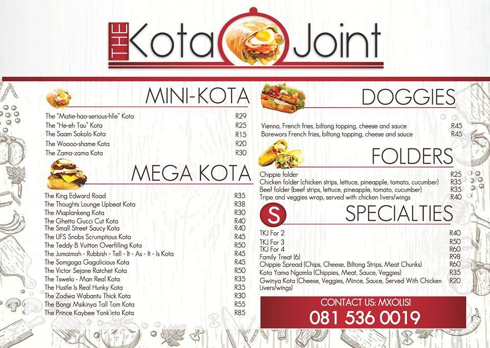 Menu at The Kota Joint restaurant, Bloemfontein