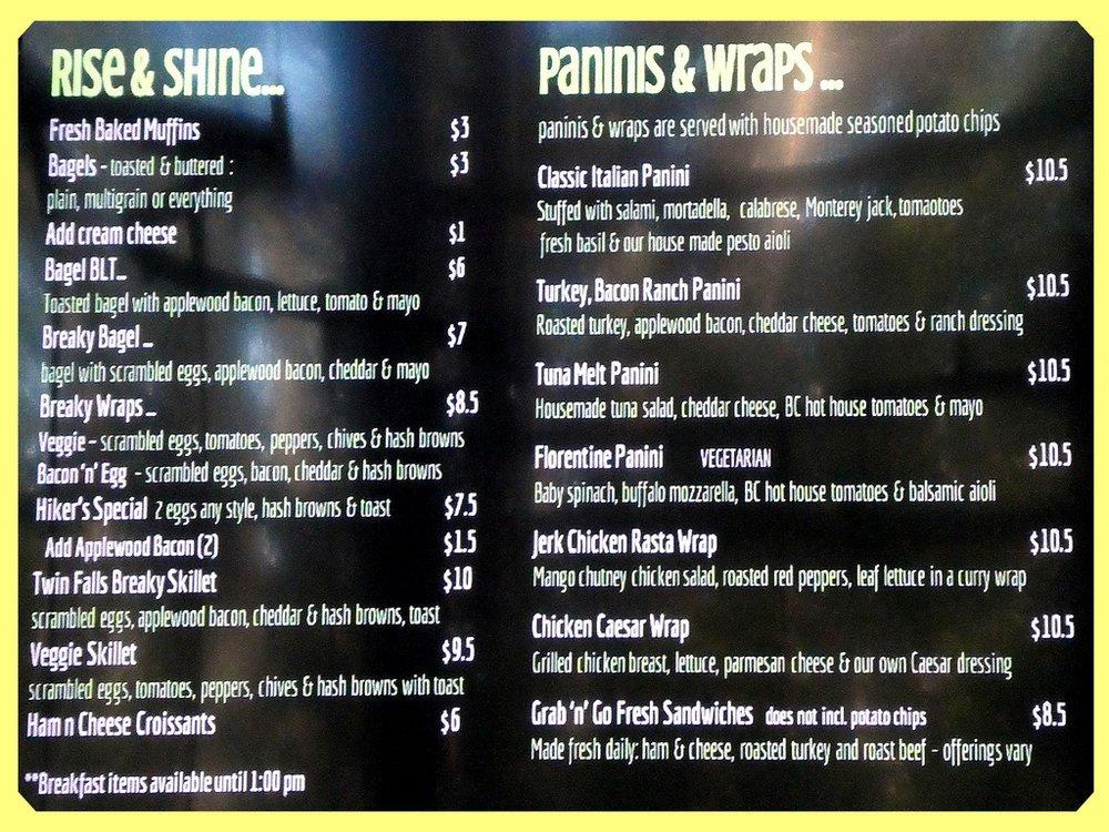 Menu at The Lynn Canyon Cafe, North Vancouver