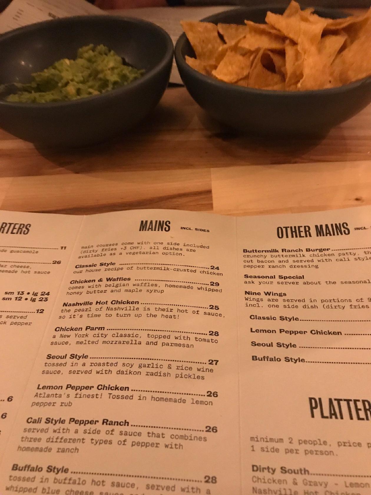 Menu da Yardbird Southern Fried Chicken, Zurigo