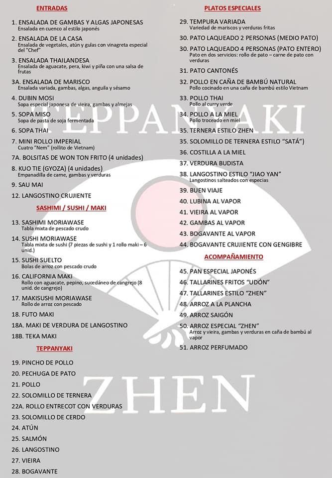 Menu at Restaurante Zhen, Alzira