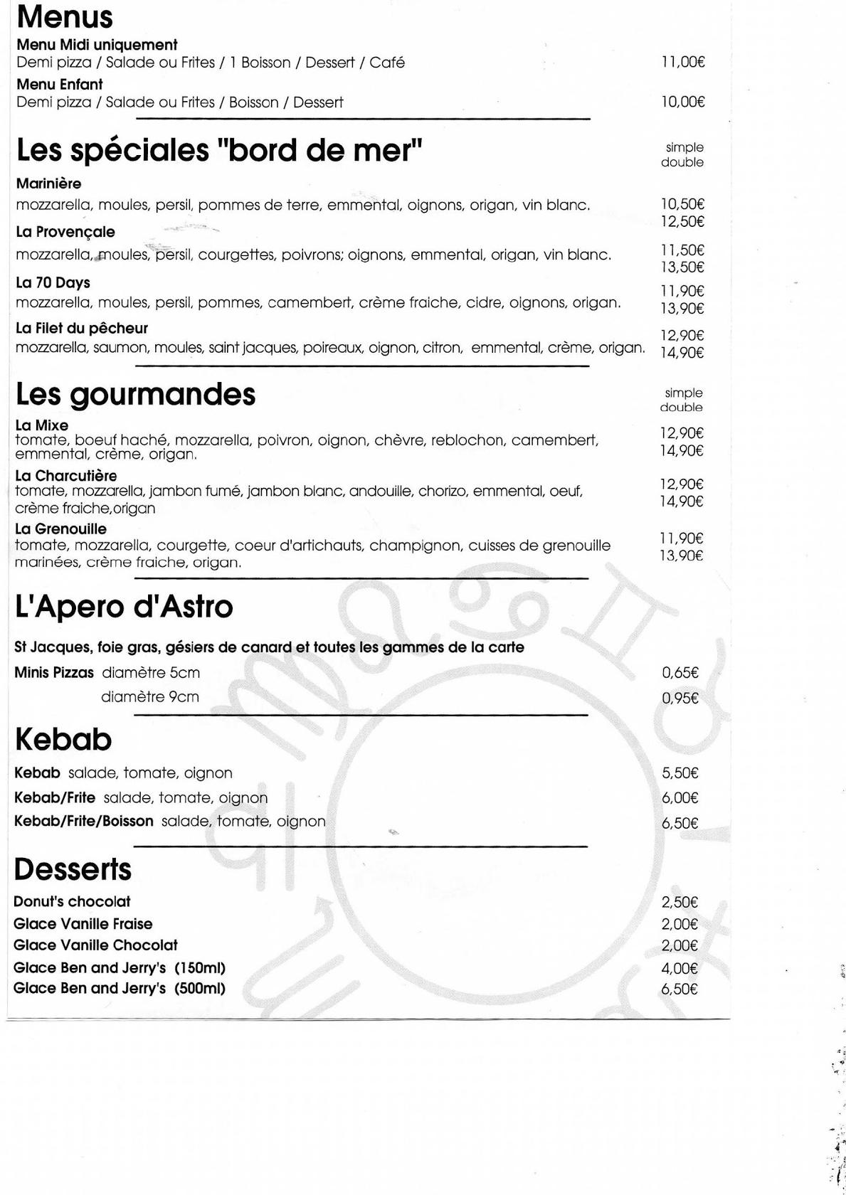Menu at Astro Pizza restaurant, Creully