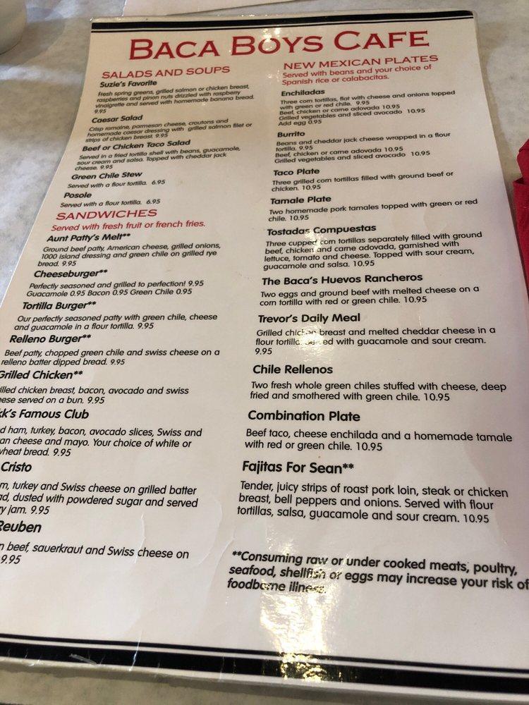 Menu at Baca Boys Cafe, Albuquerque