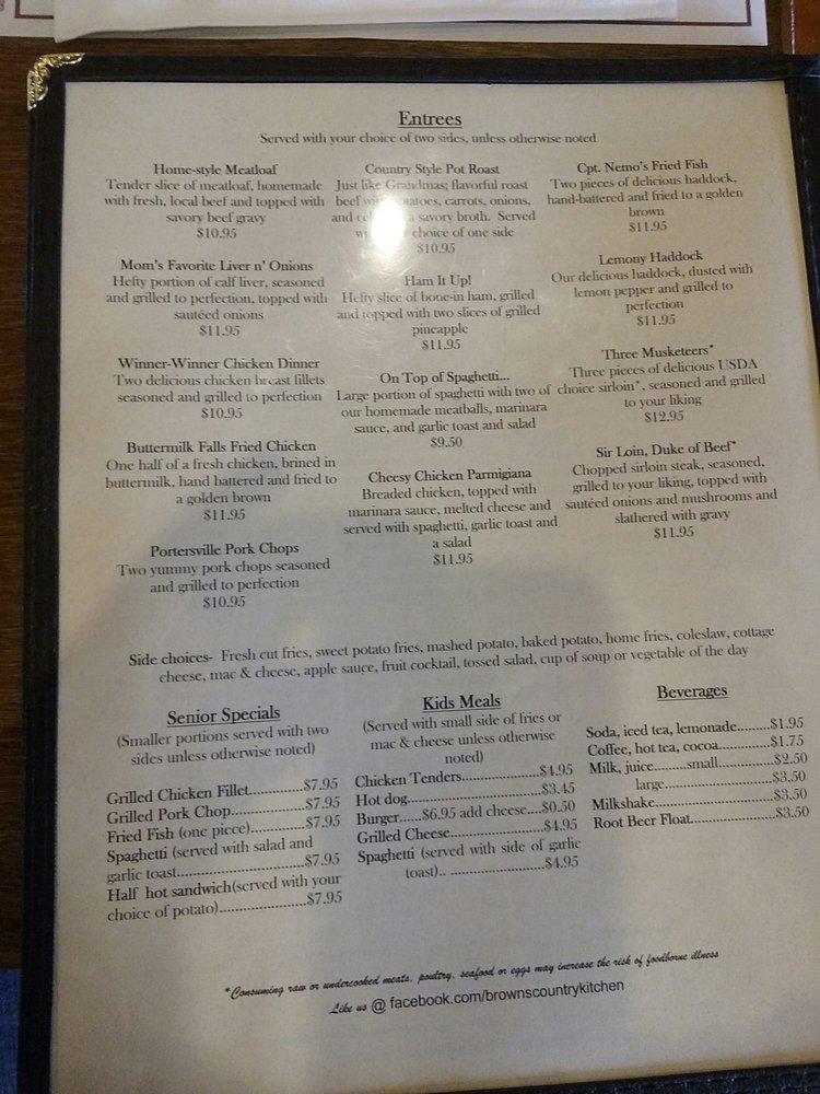 Menu at Brown's Country Kitchen restaurant, Portersville