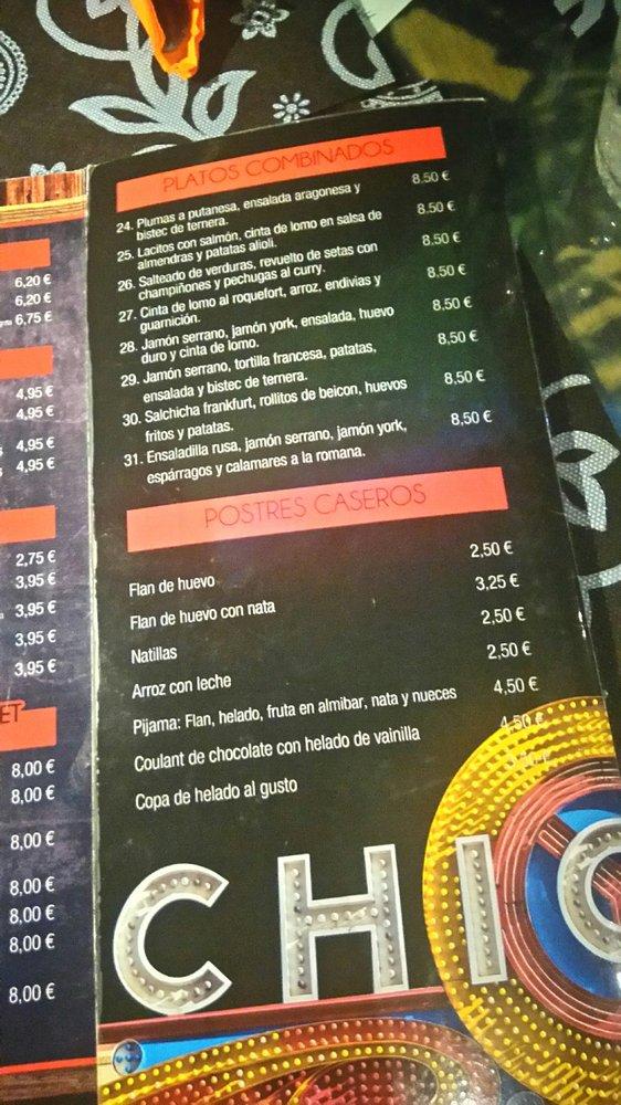 Menu at Café Chicago, Zaragoza