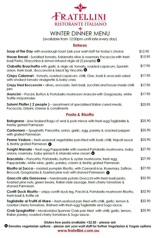 Menu at Fratellini Ristorante Italiano restaurant, Sunshine Beach
