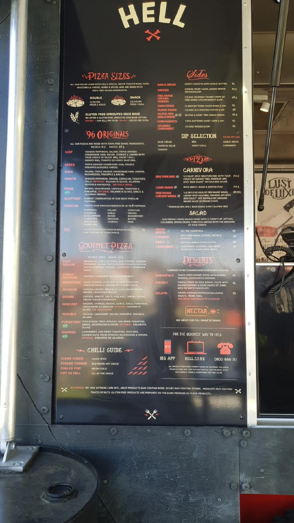 Menu at Hell Pizza Whanganui restaurant, Whanganui