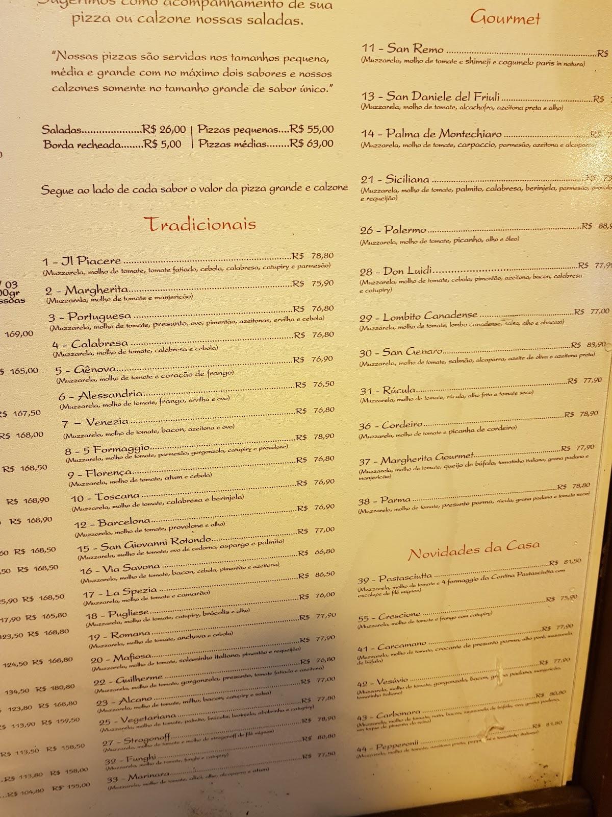Menu at Il Piacere restaurant, Gramado