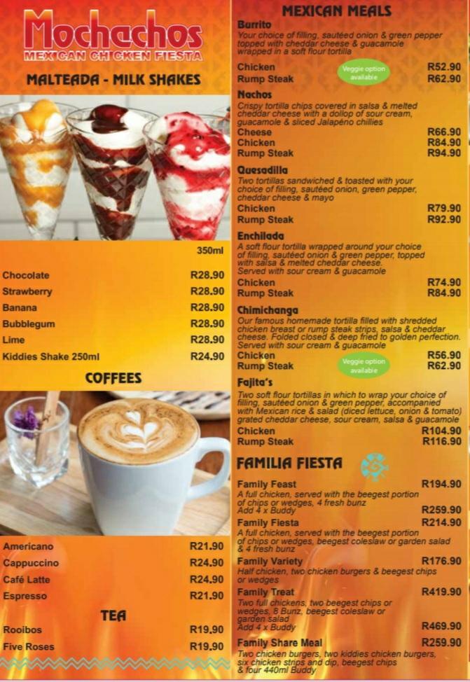 Menu at Mochachos Rynfield restaurant, Benoni