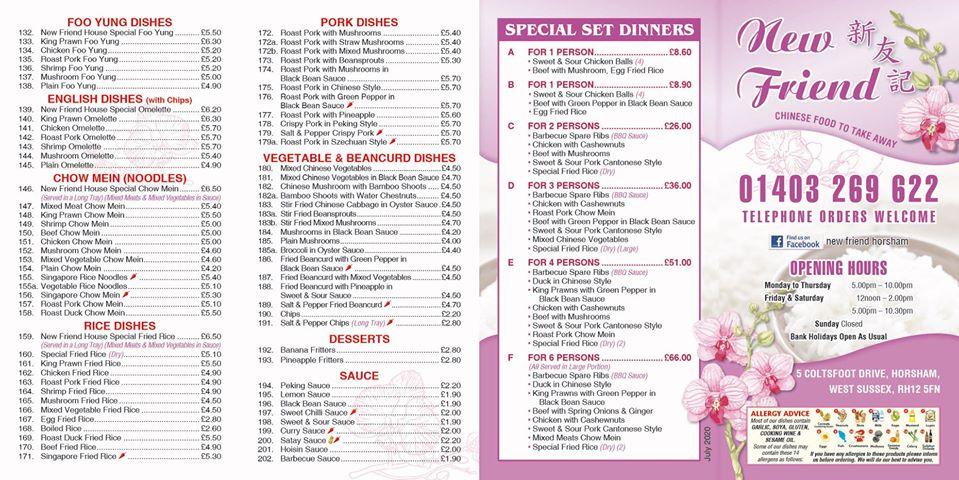 Menu at New Friend Chinese Take Away fast food, Horsham
