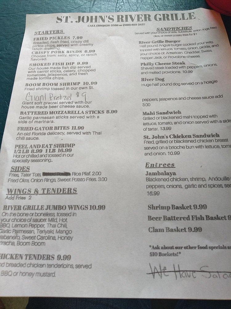 Menu at St. John's River Grille steakhouse, DeLand