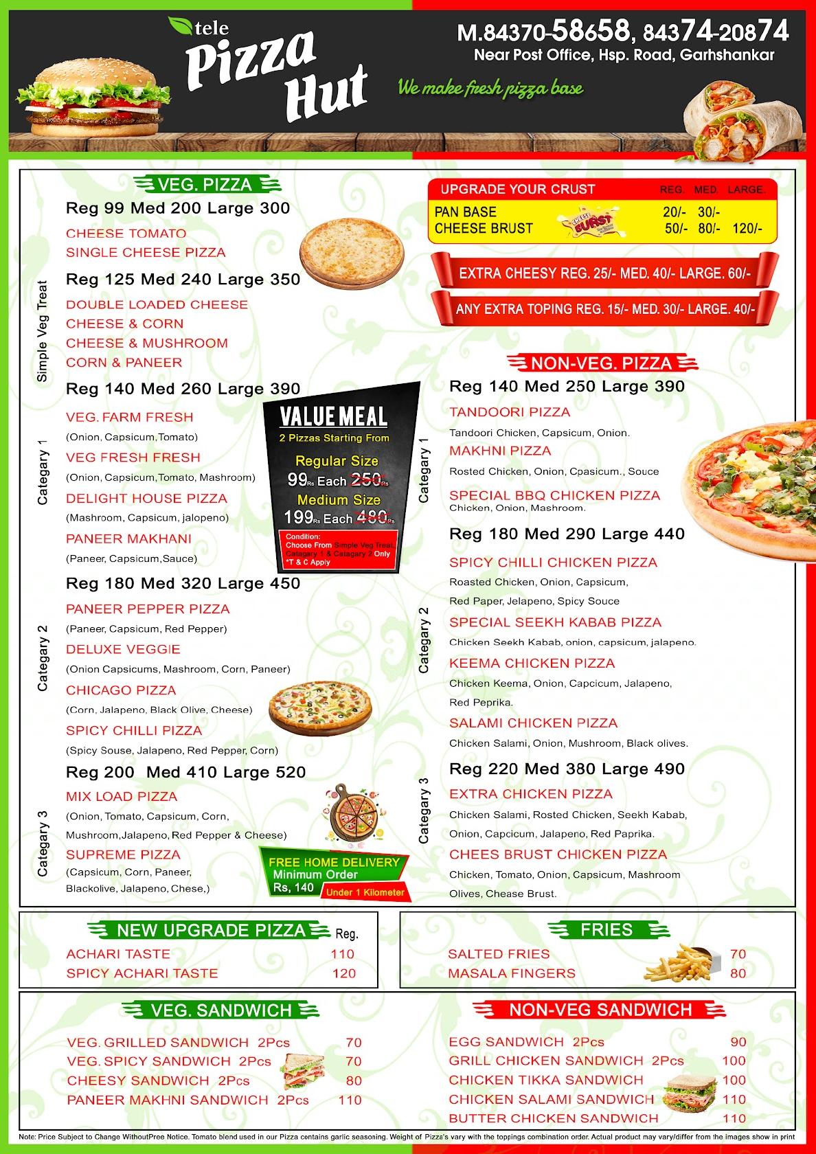 Menu at tele pizza hut, Garhshankar