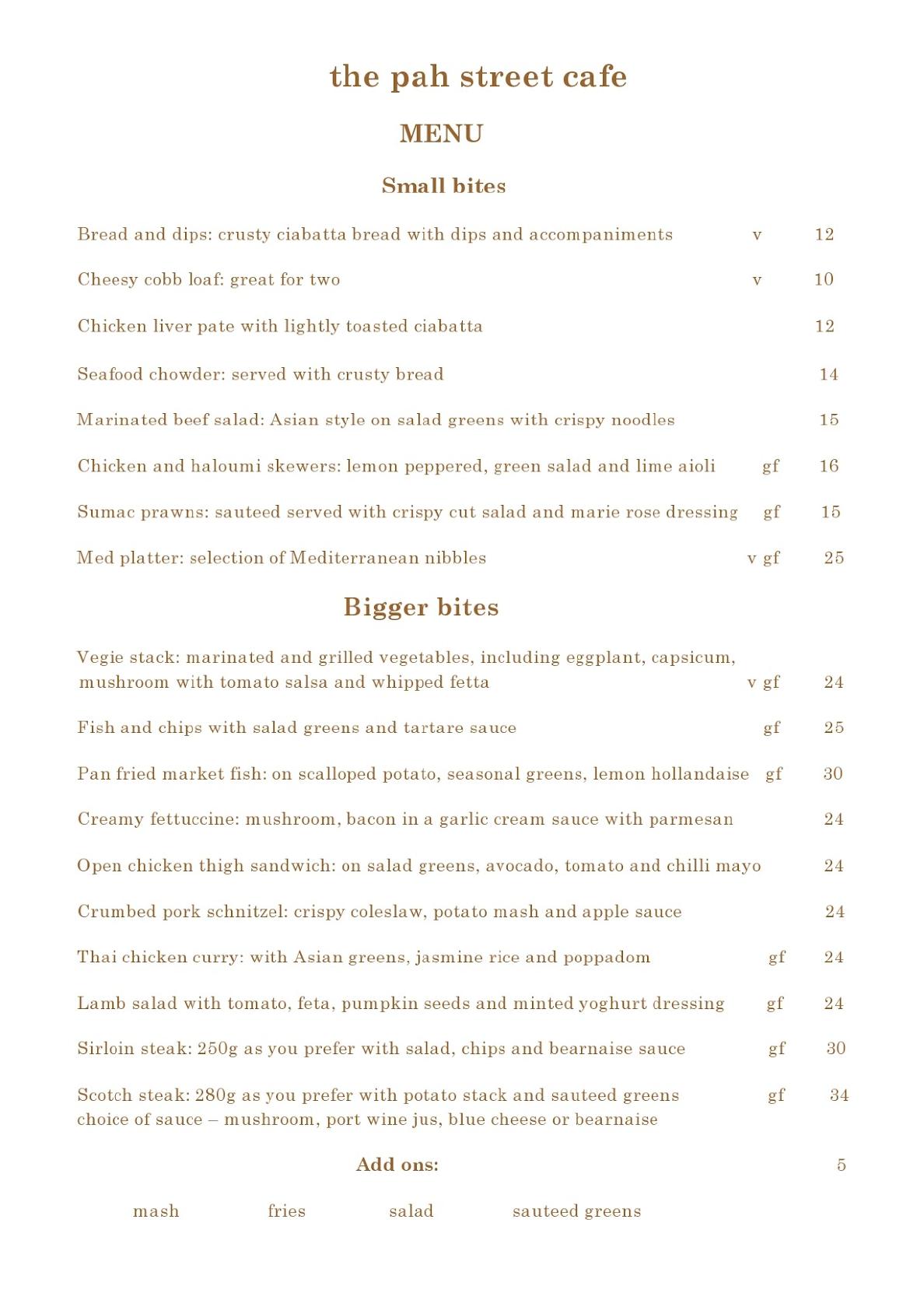 Carta de the pah street cafe, Motueka