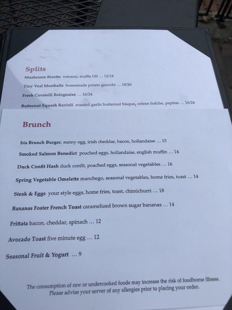 Menu at bia bistro restaurant, Cohasset