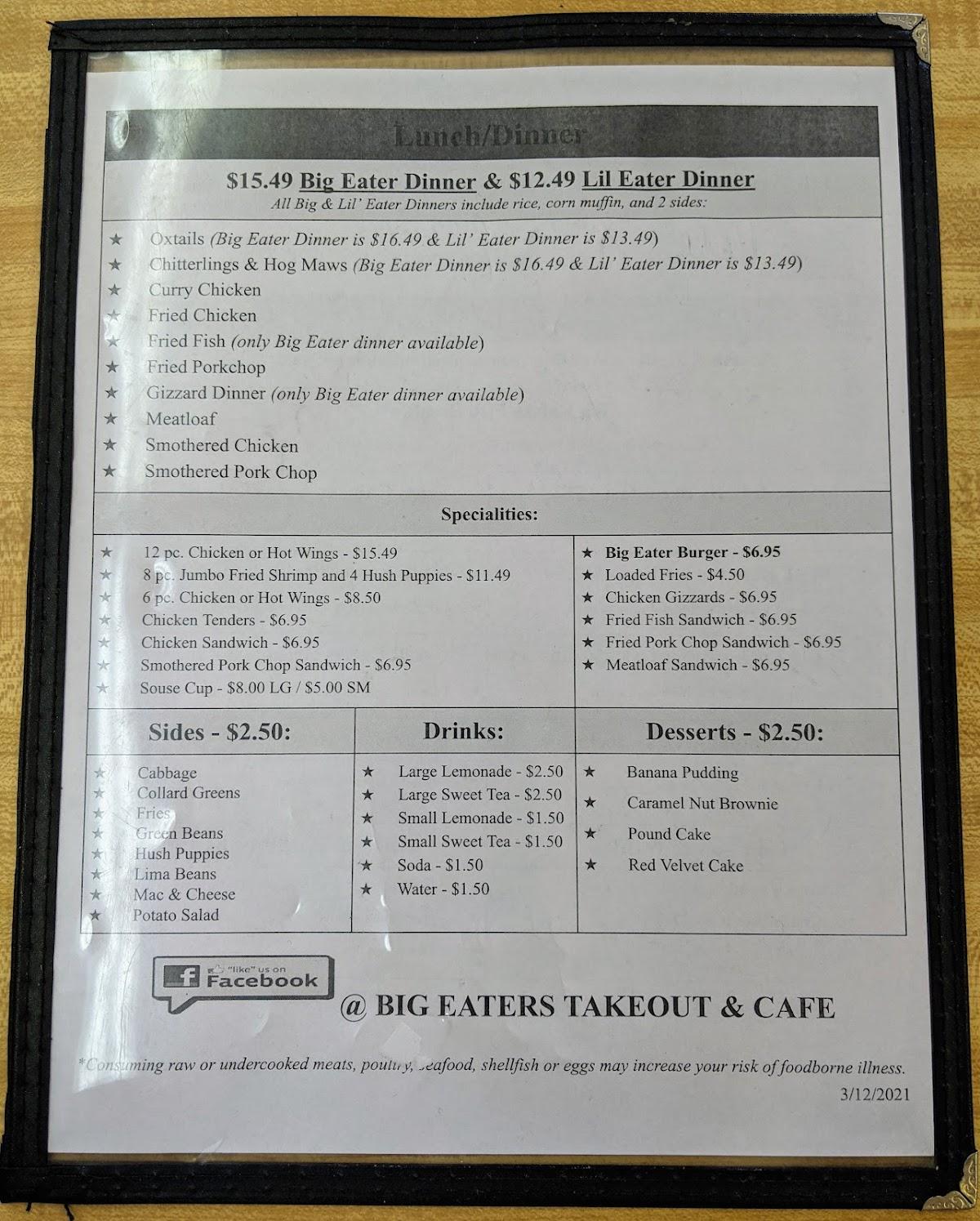 Carta de Big Eaters Cafe, Clewiston