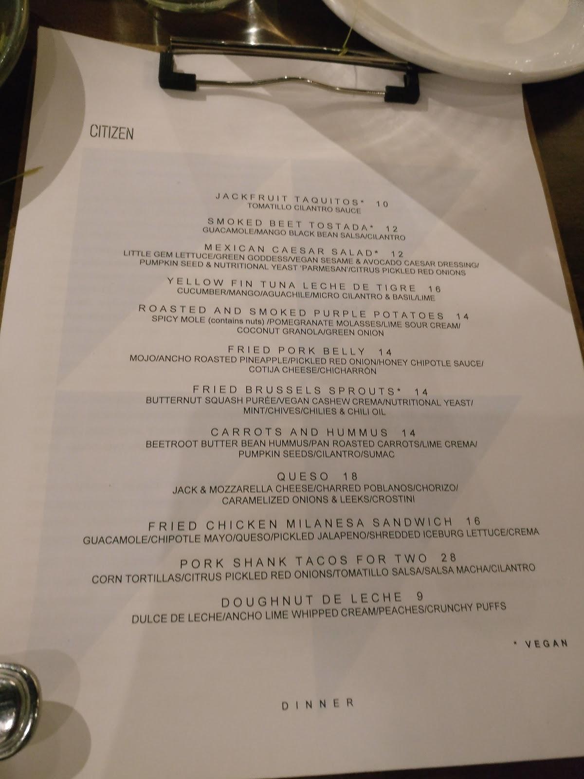 Menu at Citizen pub & bar, Ottawa