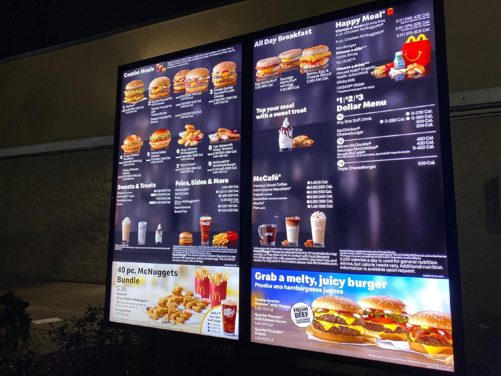 Menu at McDonald's fast food, Houston, Wirt Rd