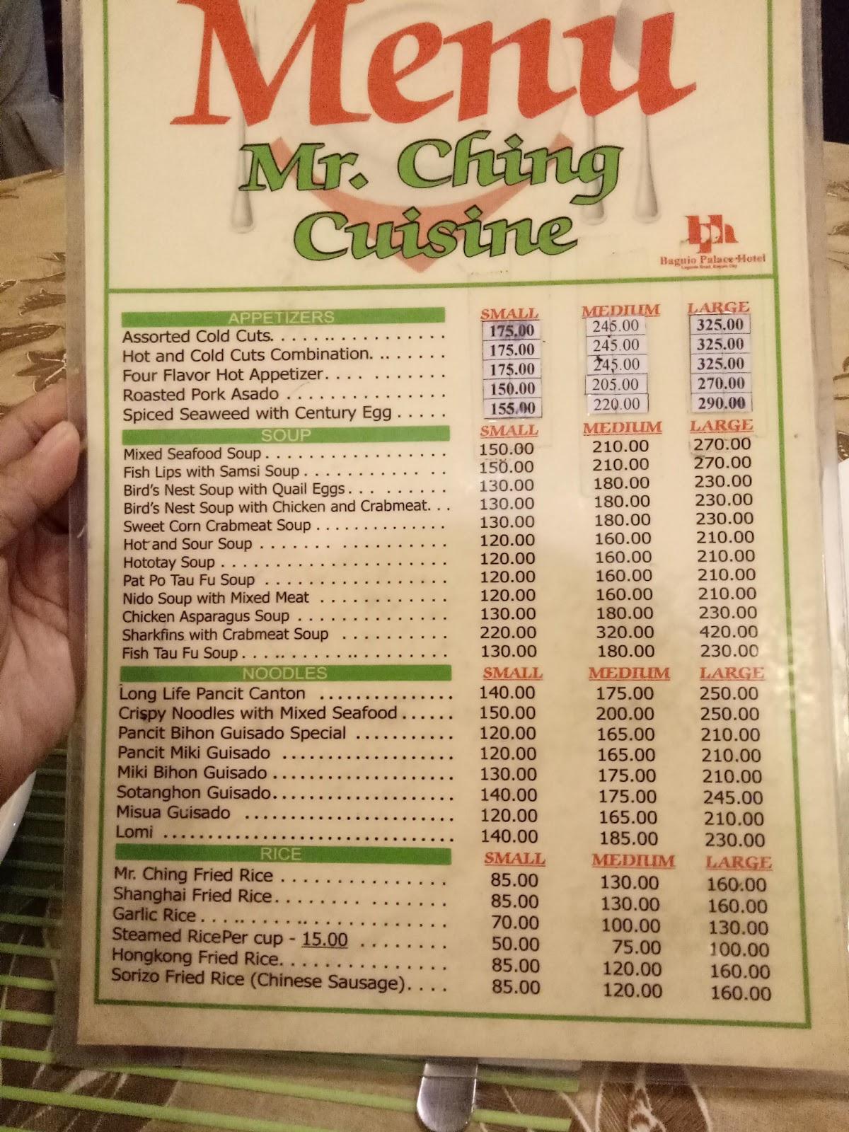 Menu at Mr. Ching Cuisine restaurant, Baguio