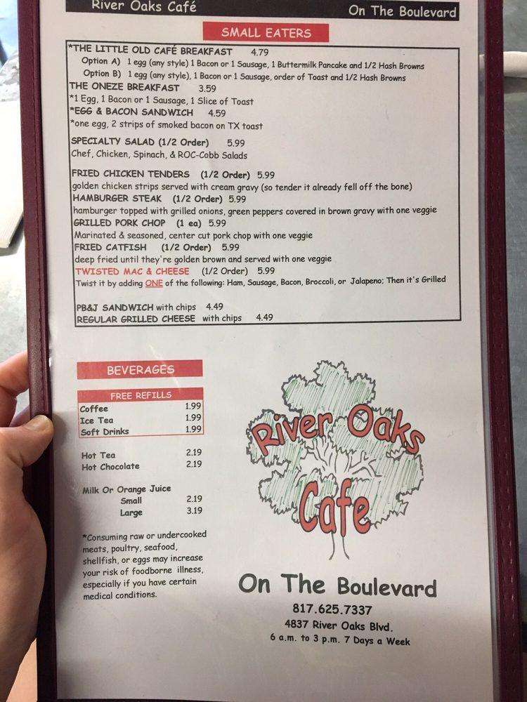 Menu at River Oaks cafe, Fort Worth