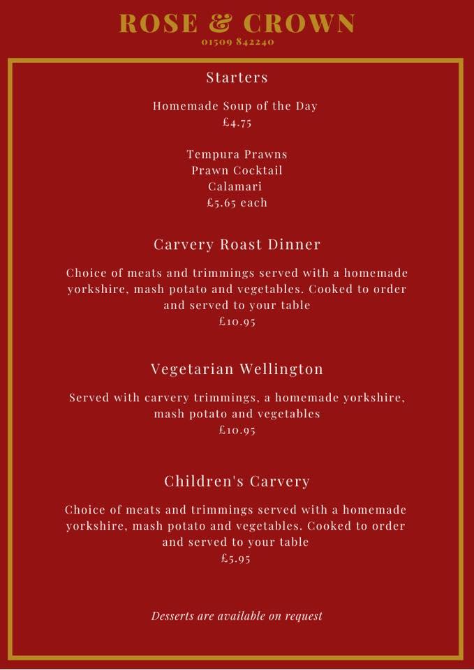 Menu at Rose & Crown Inn, Zouch pub & bar, Loughborough