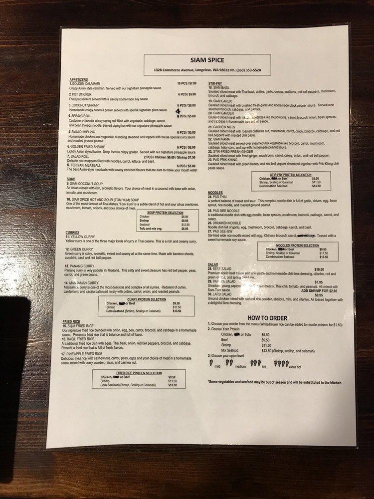 Menu at Siam Spice restaurant, Longview