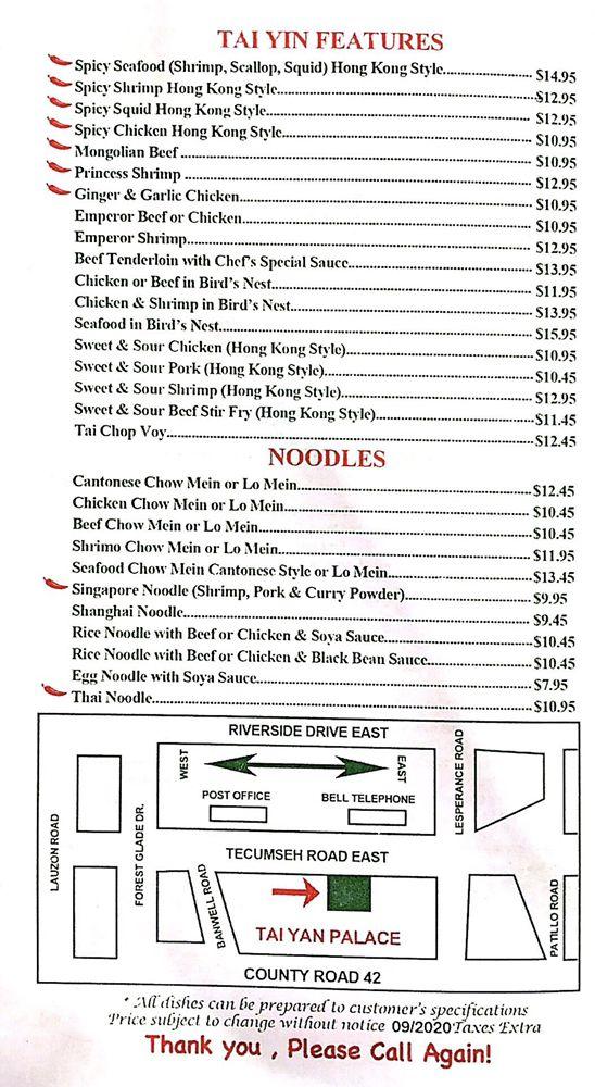 Menu at Tai Yan Palace restaurant, Tecumseh