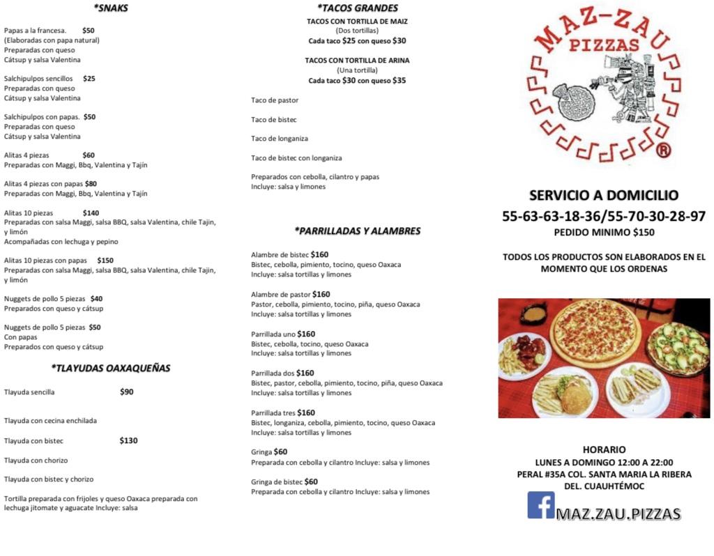 Menu at Maz-zau pizzas pizzeria, Mexico City