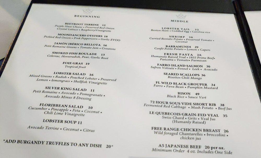 Menu at The Silver King Ocean Brasserie restaurant, Fort Myers