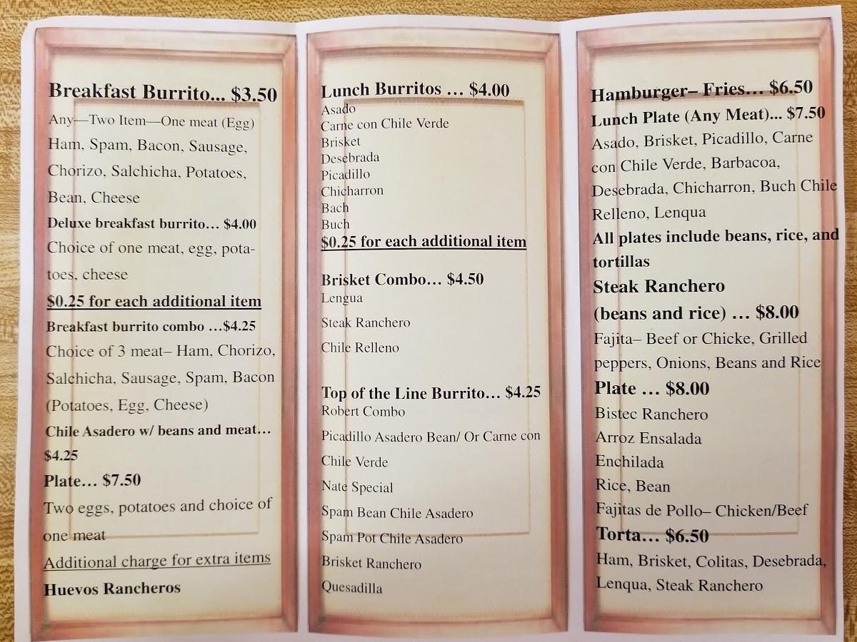Menu at Tortilleria Blanco restaurant, Lovington