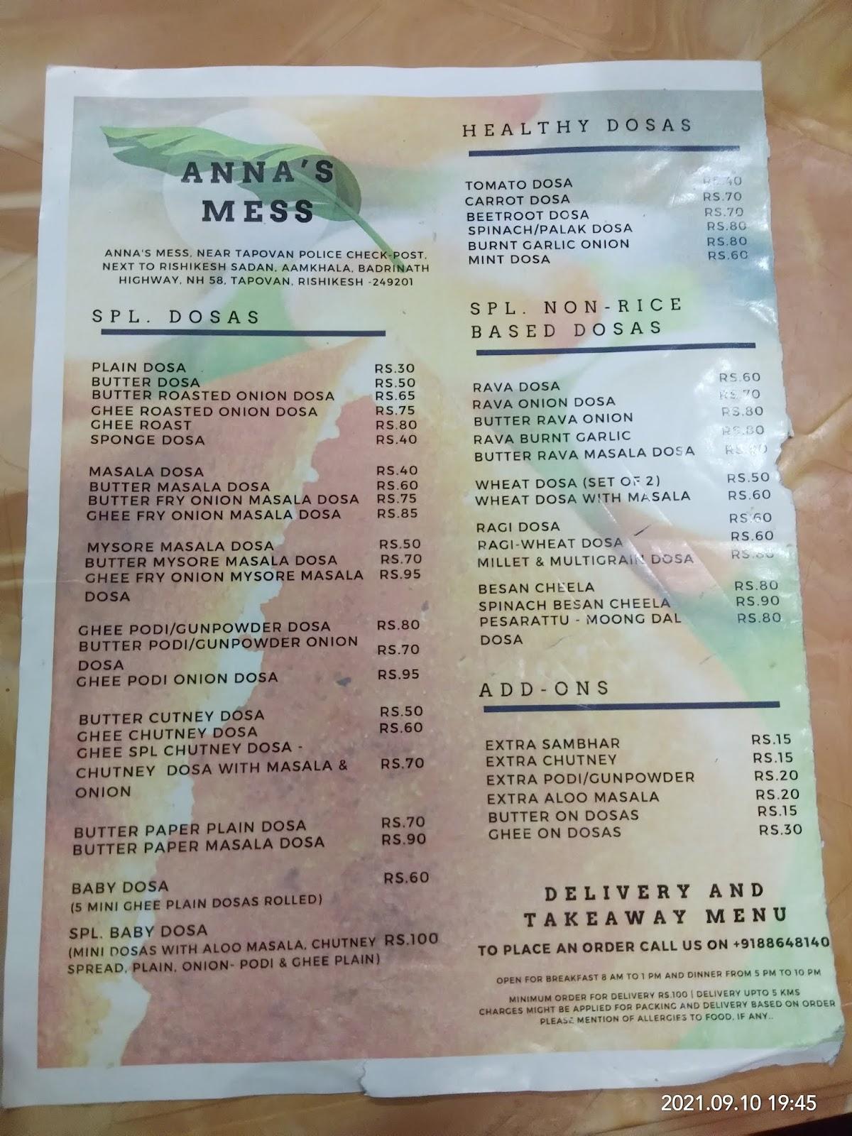 Menu at Anna's Mess (South-Indian Restaurant), Rishikesh