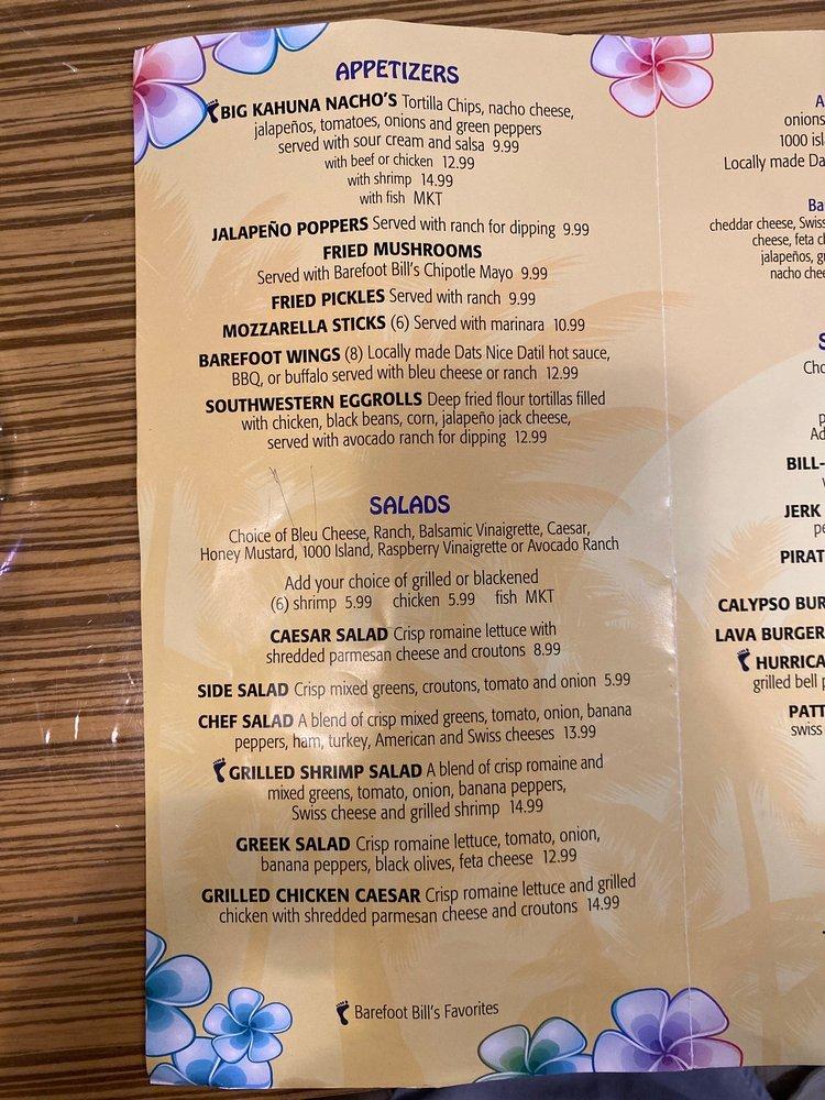 Menu at Barefoot Bill's Island Grill, St. Augustine