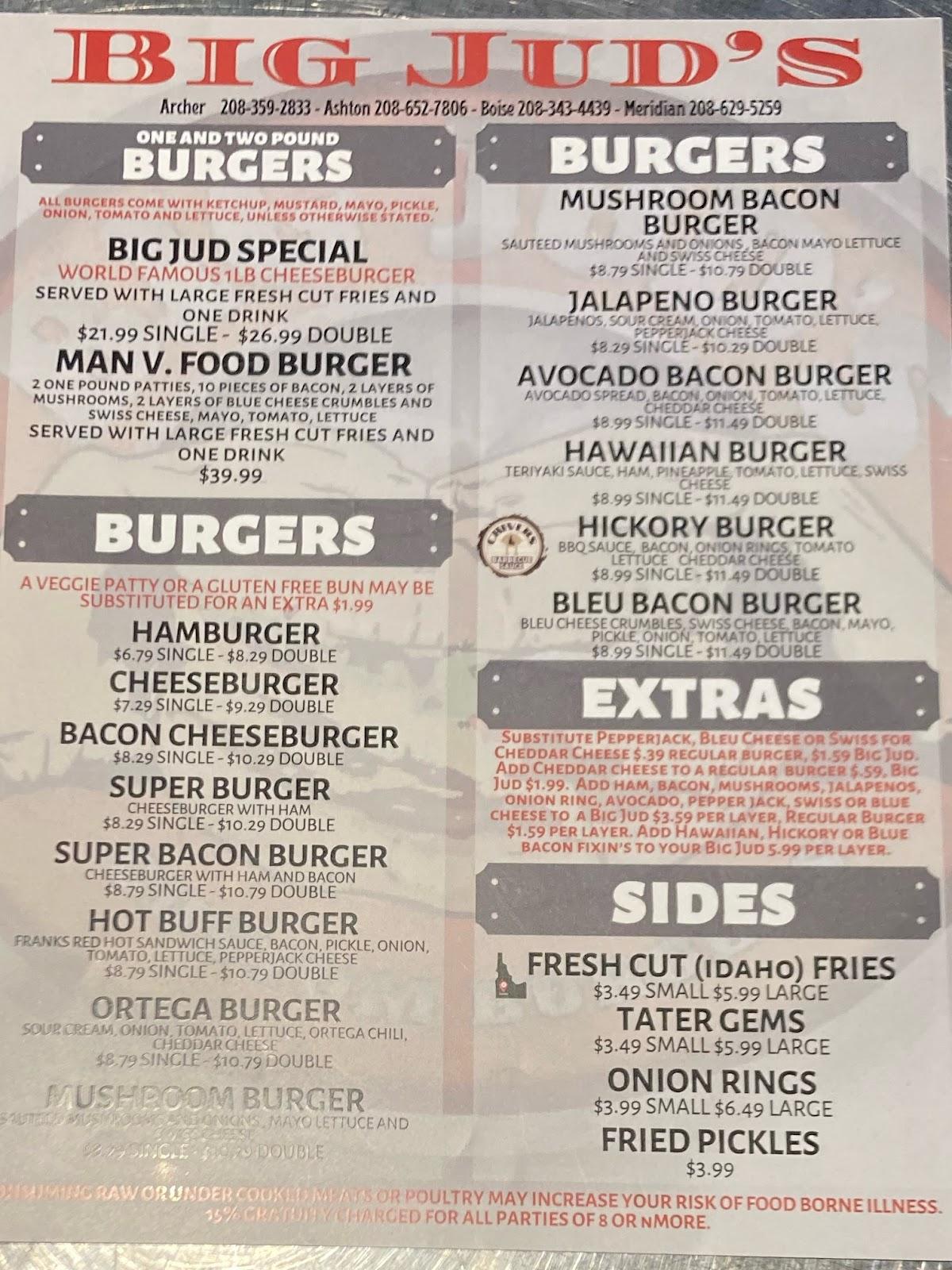 Menu at Big Jud's Meridian restaurant, Meridian, E Overland Rd #100