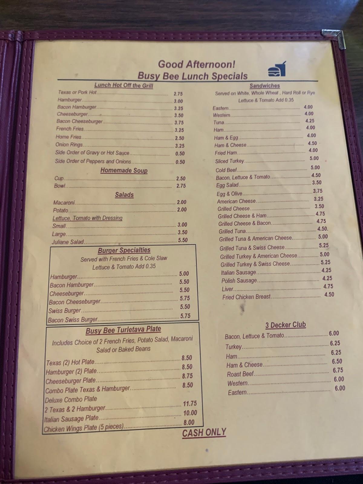 Menu at Busy Bee restaurant, Rochester