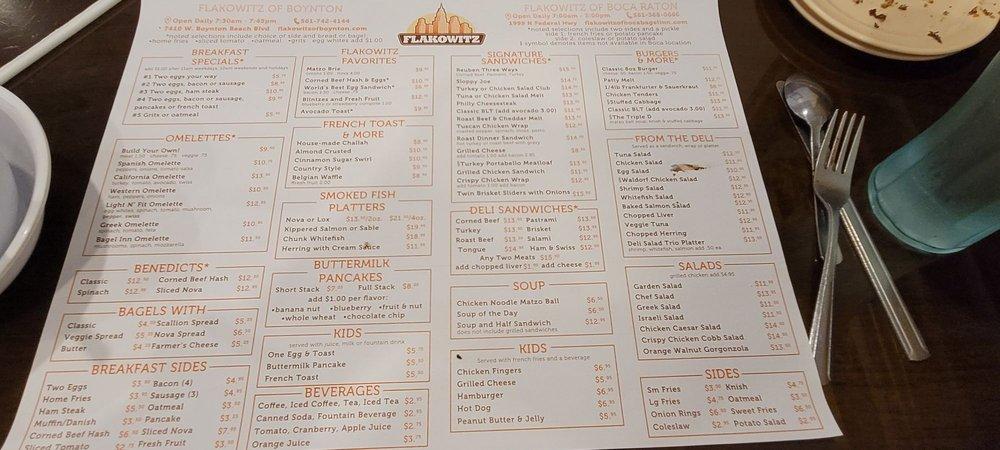 Menu at Flakowitz of Boynton restaurant, Delray Beach