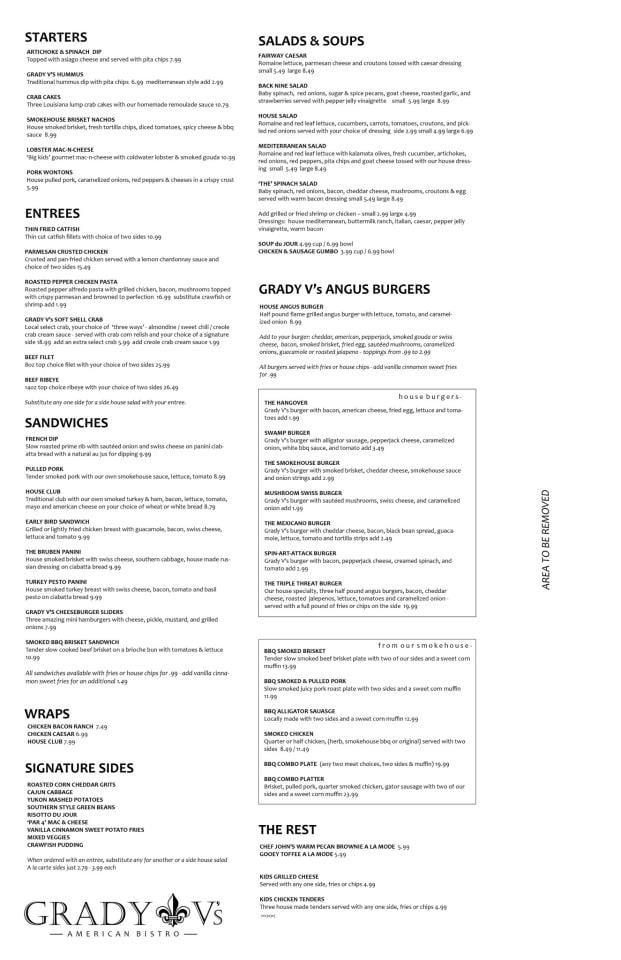 Menu at Grady V's restaurant, Thibodaux