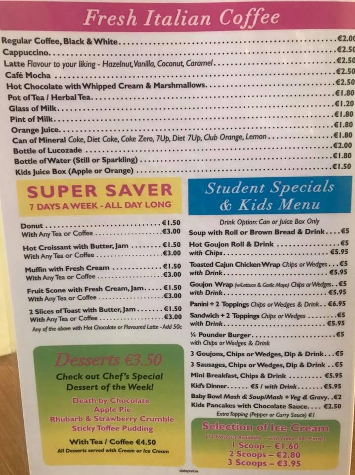Menu at J-One Cafe, Athy