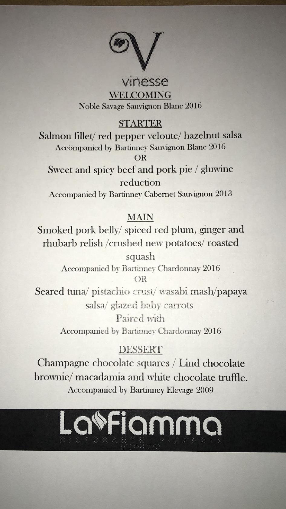 Menu at La Fiamma restaurant, Pretoria