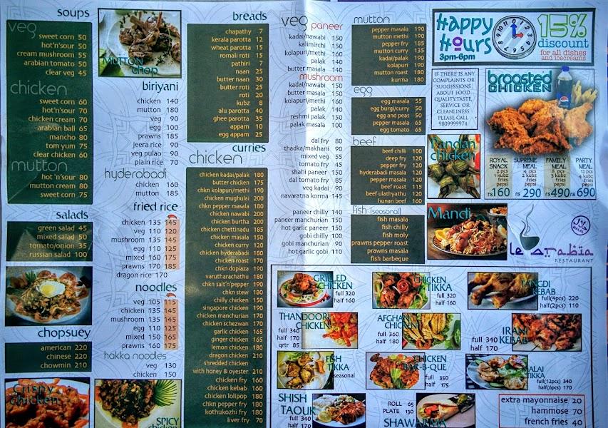 Menu at Le Arabia Restaurant, Thiruvananthapuram, Enjakkal Bypass Road