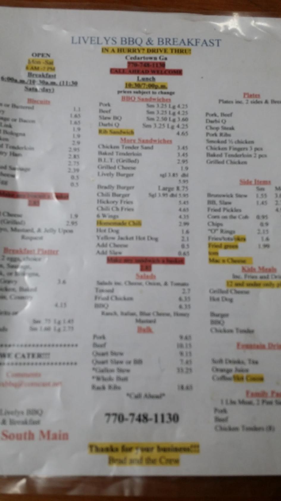 Menu at Livelys BBQ and Breakfast, Cedartown