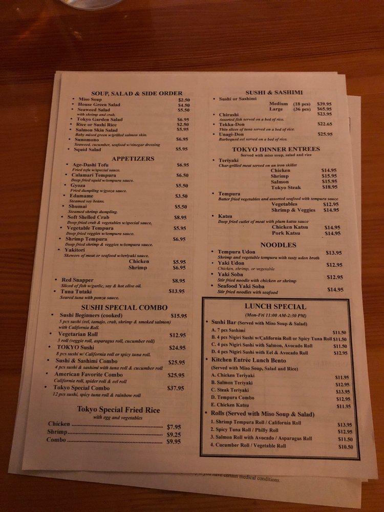 Menu at Tokyo Sushi restaurant, Sunset Hills
