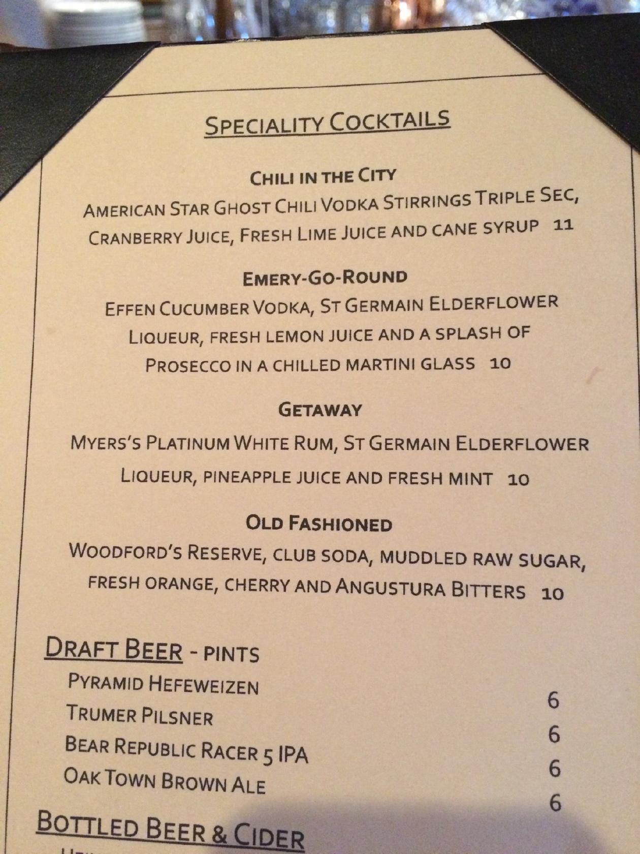 Menu at Townhouse restaurant, Emeryville