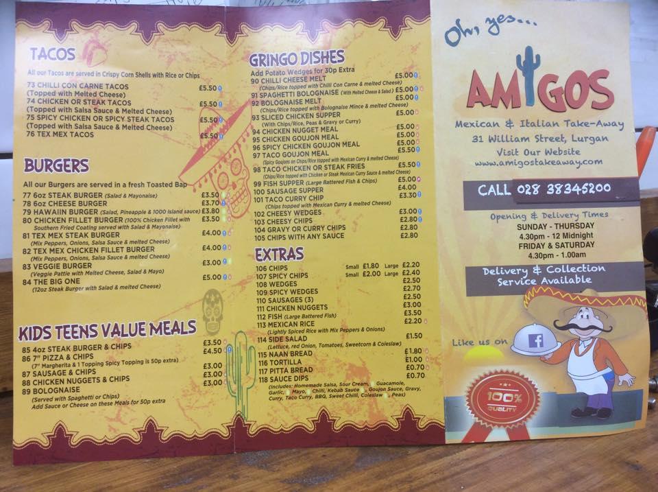 Menu at Amigos fast food, Lurgan