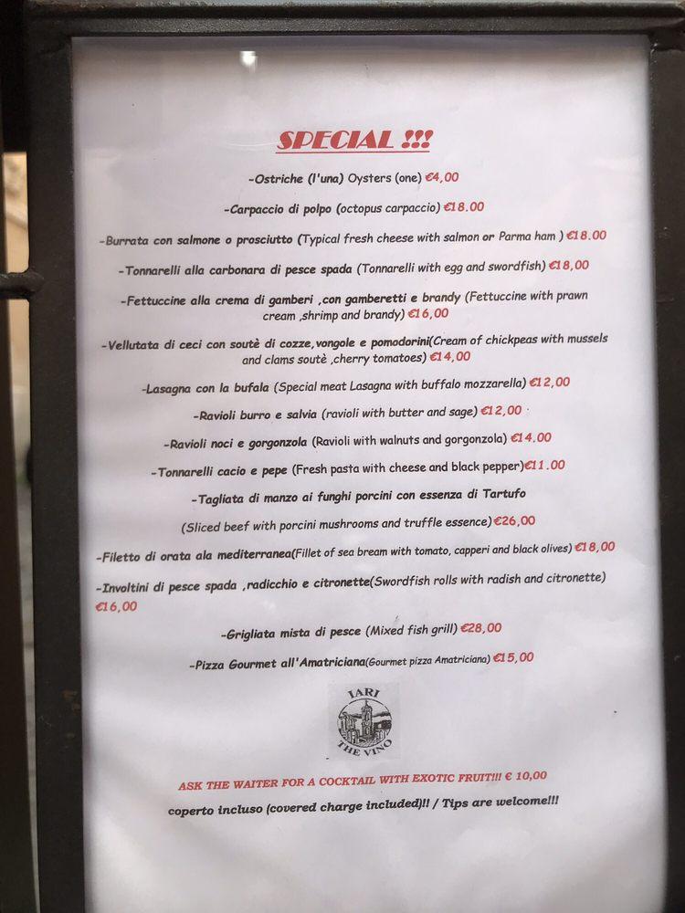 Menu at Iari The Vino restaurant, Rome