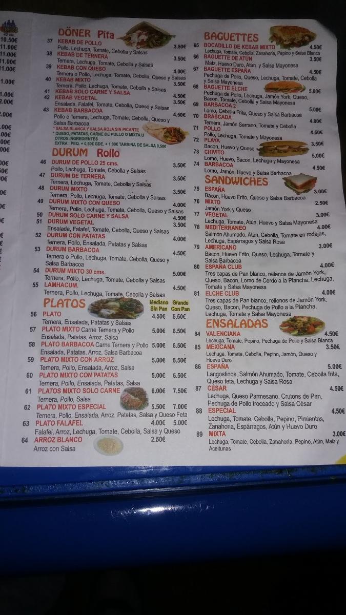 Menu at italia pizzeria doner kebab, Elche
