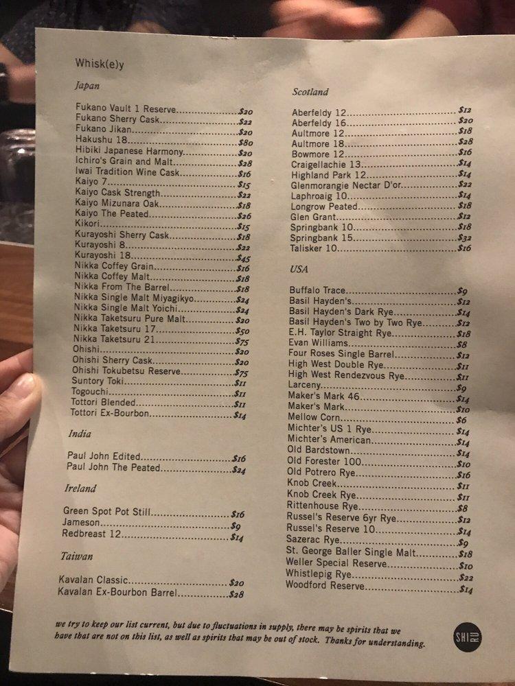 Menu at Bar Shiru, Oakland, Telegraph Ave #100