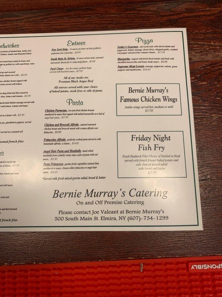 Menu at Bernie Murray's restaurant, Elmira