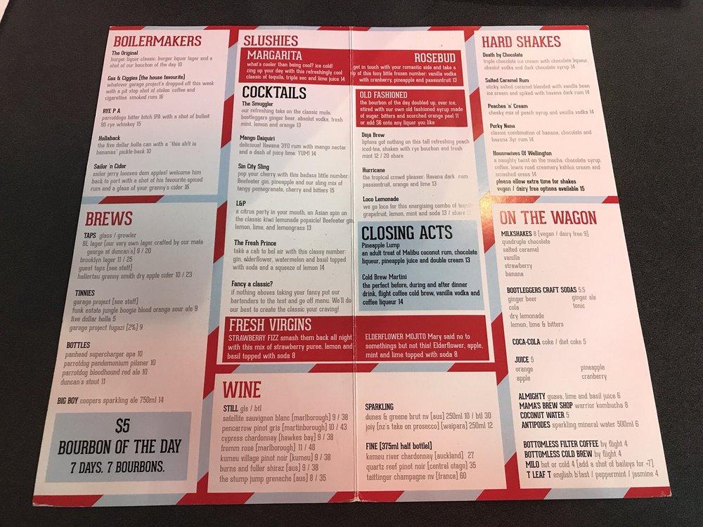 Carta del pub y bar Burger Liquor, Wellington, 129 Willis St