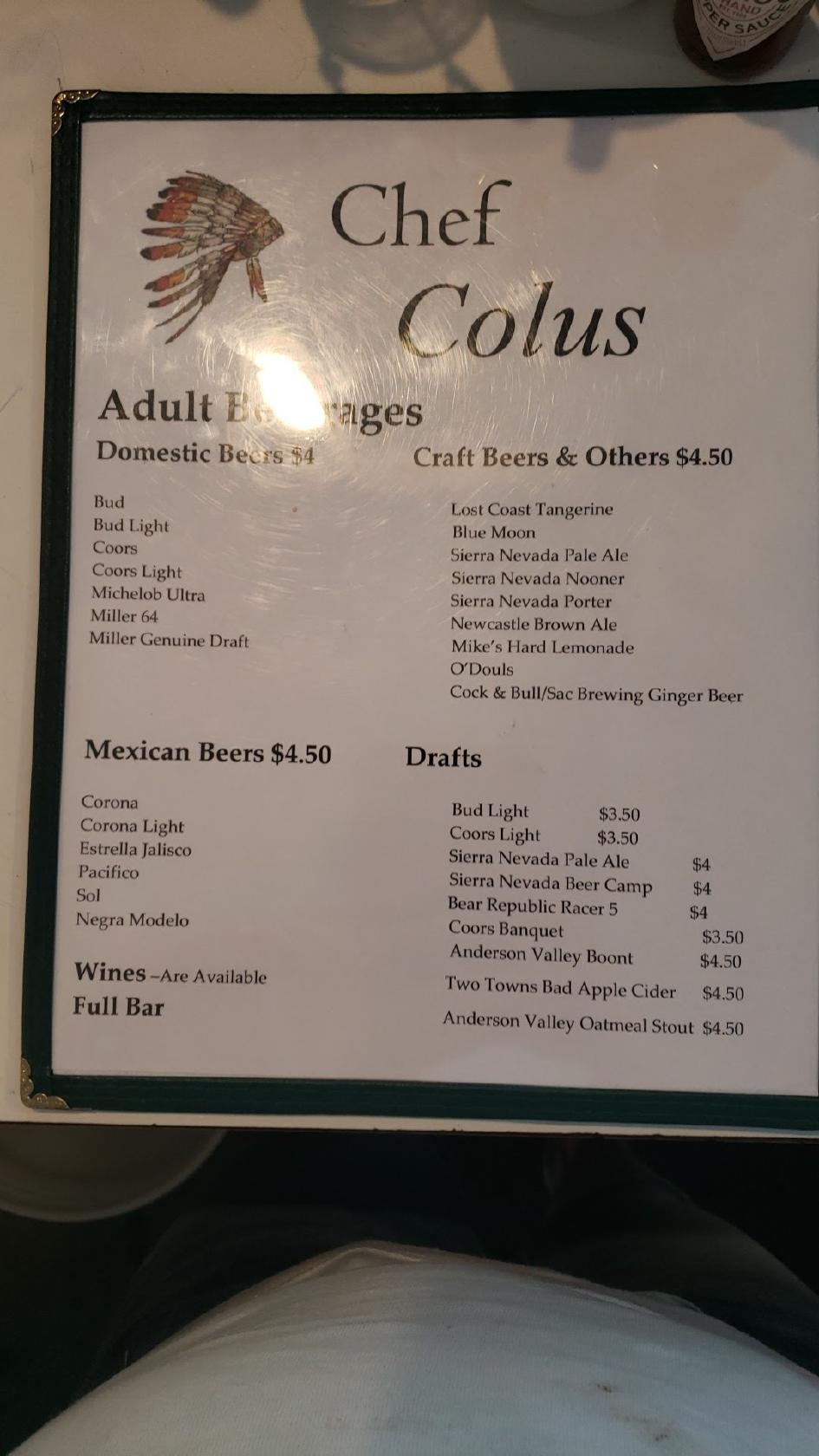 Menu at Chef Colus restaurant, Colusa, 334 Market St