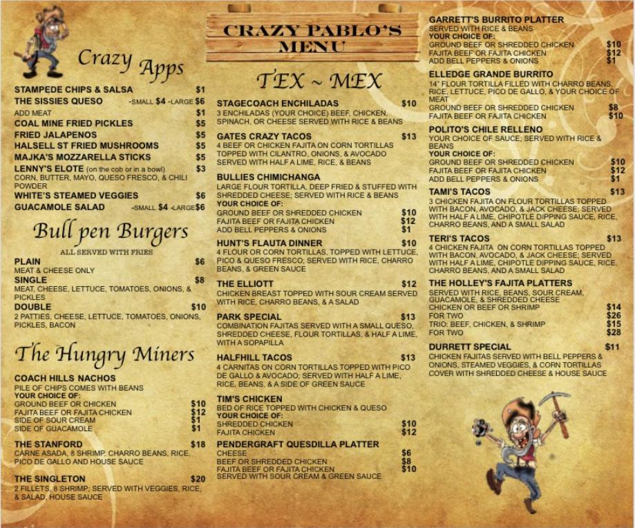 Menu at Crazy Pablo's restaurant, Bridgeport